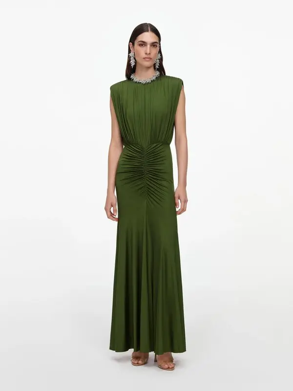 SELF-PORTRAIT Exposed Back Zip Mini Dress With Gathering Detail & Removable Shoulder Pads - Verde