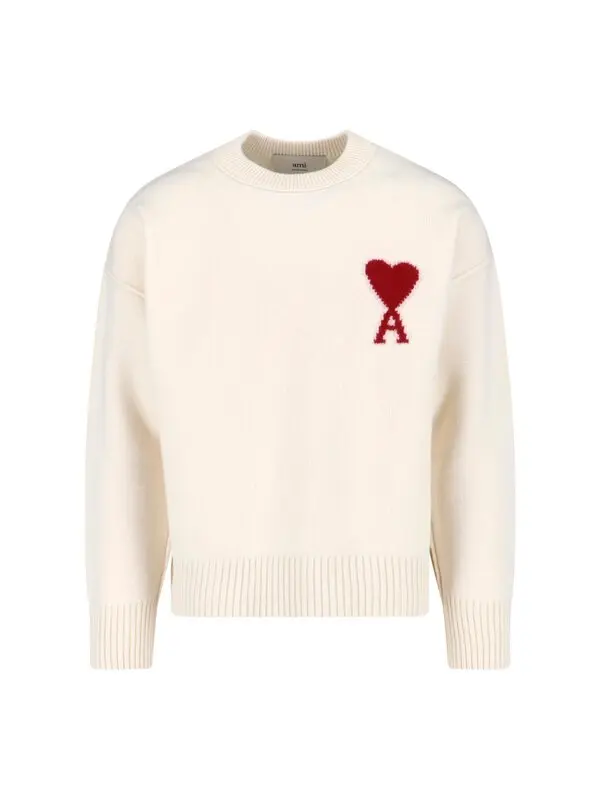 AMI Paris 100% Wool Pullover Sweater - Cream