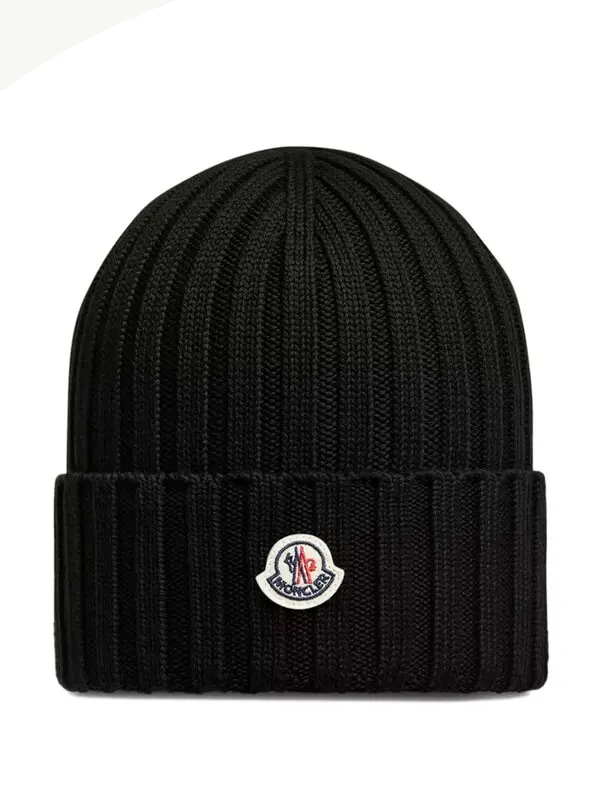 Moncler Gauge 5 Rib Knit Logo Patch Beanie - Nero