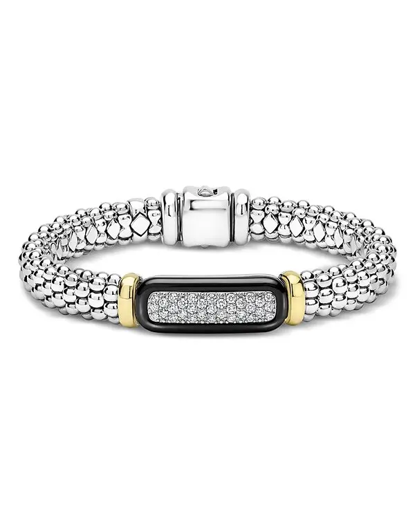 Lagos Two Tone Black Ceramic Diamond Caviar Bracelet, 9mm - Silver