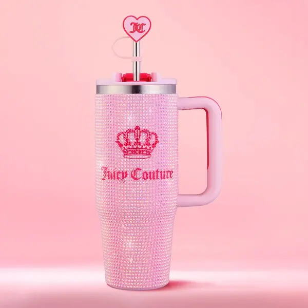Juicy Couture Diamond Bling Stainless Steel Tumbler With Handle And Straw - Light Pink