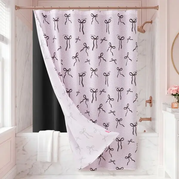 Juicy Couture Bow Leopard Shower Curtain With Peva Liner And Hooks 14-piece Set - Light Pink