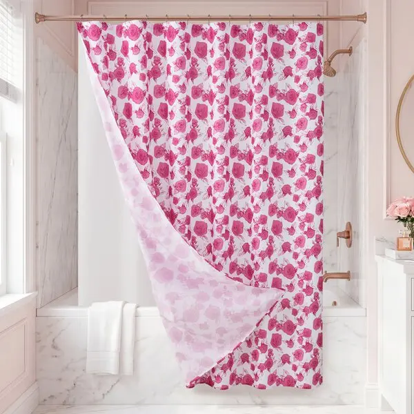 Juicy Couture Larissa Floral Shower Curtain With Peva Liner And Hooks 14-piece Set - Hot Pink