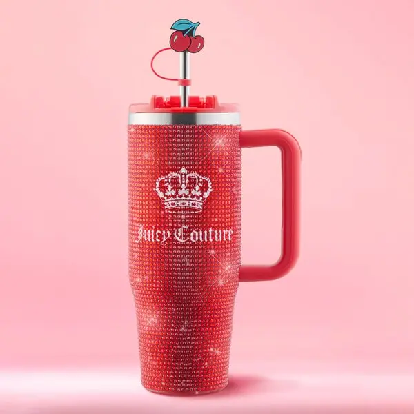 Juicy Couture Diamond Bling Stainless Steel Tumbler With Handle And Straw - Red