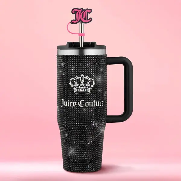 Juicy Couture Diamond Bling Stainless Steel Tumbler With Handle And Straw - Black