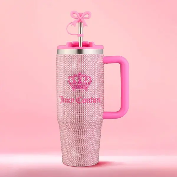 Juicy Couture Diamond Bling Stainless Steel Tumbler With Handle And Straw - Pink