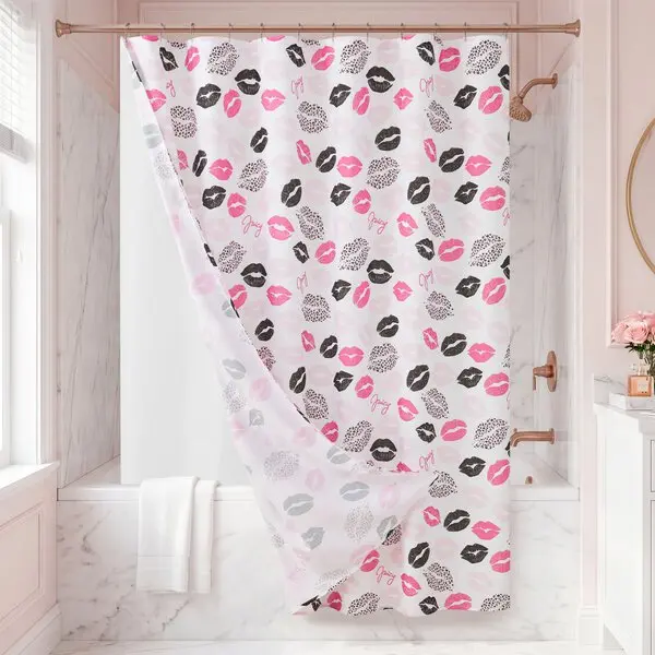 Juicy Couture Cheetah Kisses Shower Curtain With Peva Liner And Hooks 14-piece Set - Pink