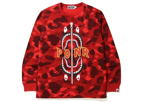 A BATHING APE Camo Ponr Shark Long Sleeve Tee Shirt