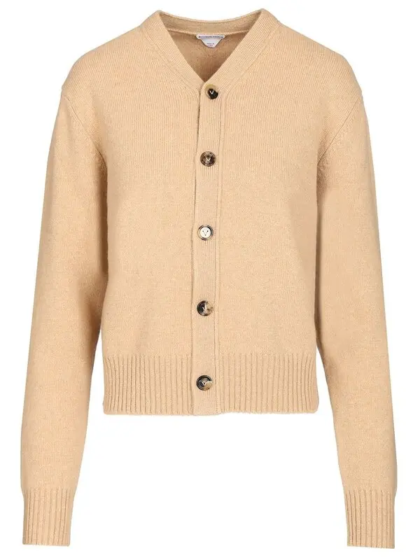 Bottega Veneta Cashmere V-neck Cardigan With Woven Leather Detail - Cream