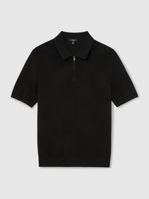 REISS Leigham Cotton-blend Chevron-knit Half-zip Polo Shirt - Black