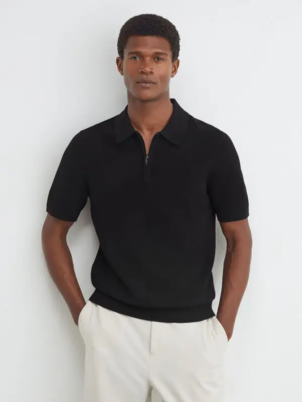 REISS Leigham Cotton-blend Chevron-knit Half-zip Polo Shirt - Black