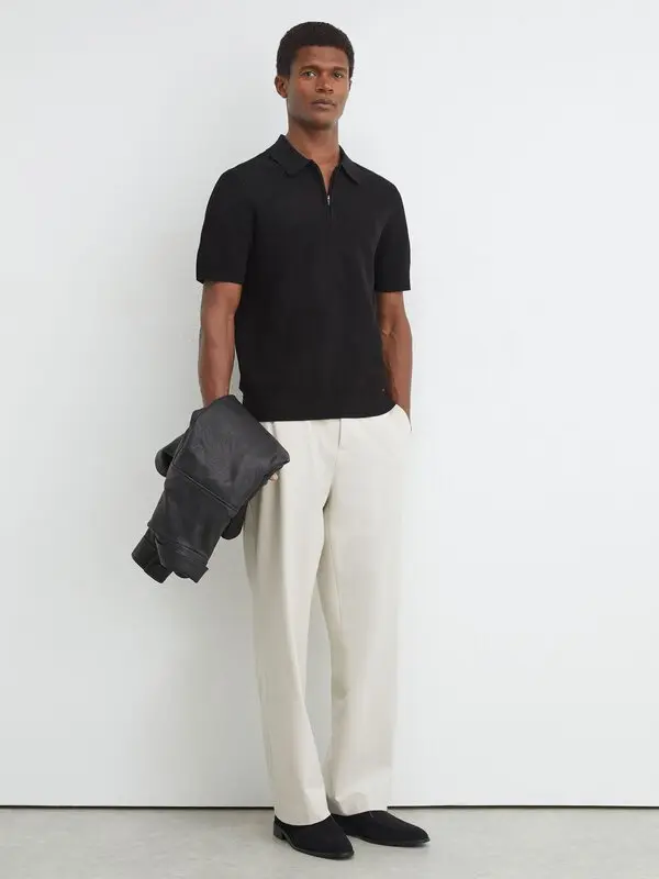 REISS Leigham Cotton-blend Chevron-knit Half-zip Polo Shirt - Black