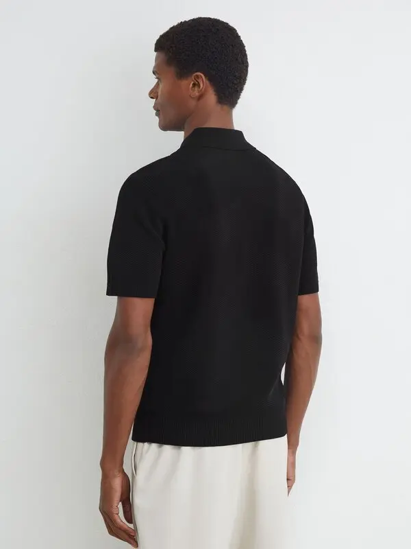 REISS Leigham Cotton-blend Chevron-knit Half-zip Polo Shirt - Black