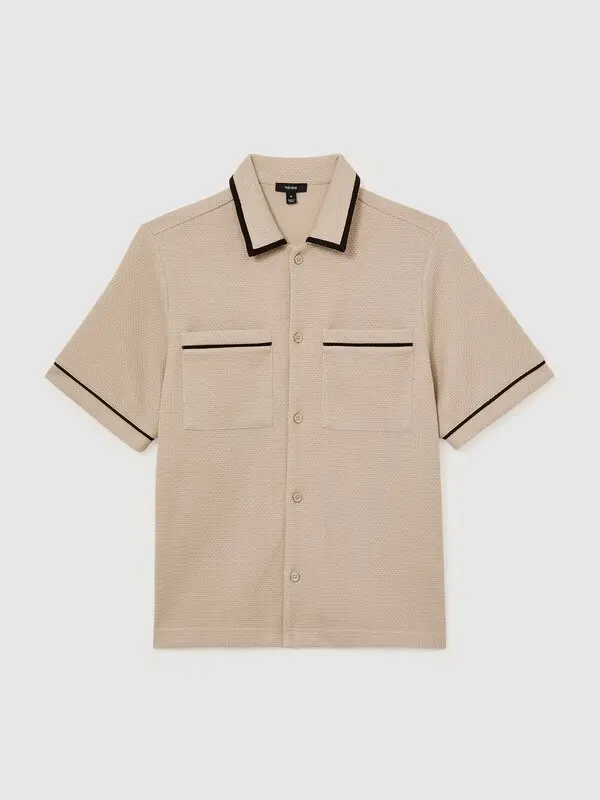 REISS Weaver Textured Piped Short-sleeve Shirt - Stone