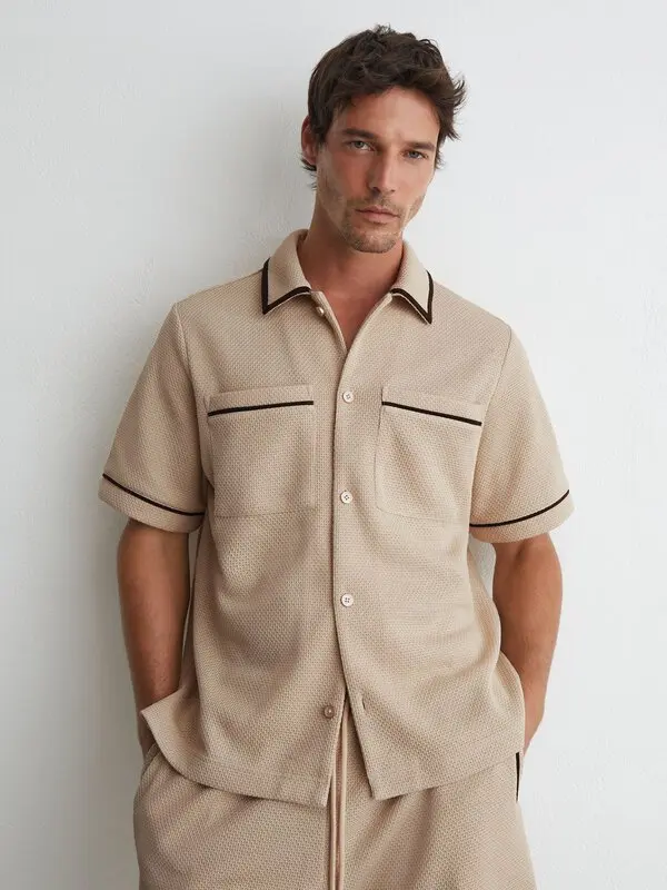 REISS Weaver Textured Piped Short-sleeve Shirt - Stone