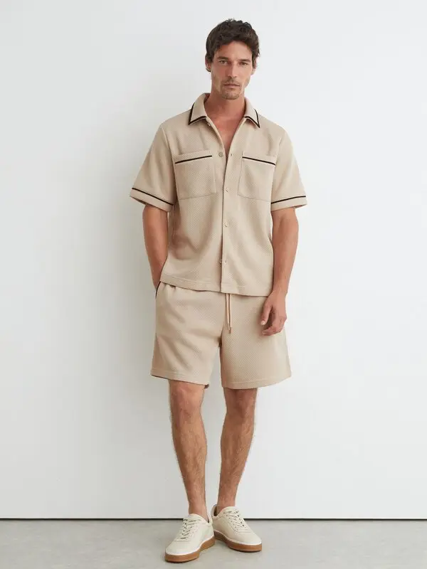 REISS Weaver Textured Piped Short-sleeve Shirt - Stone