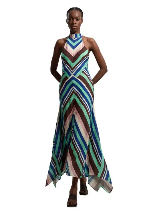 Karen Millen Halter Neck Fit & Flare Maxi Dress - Stripe