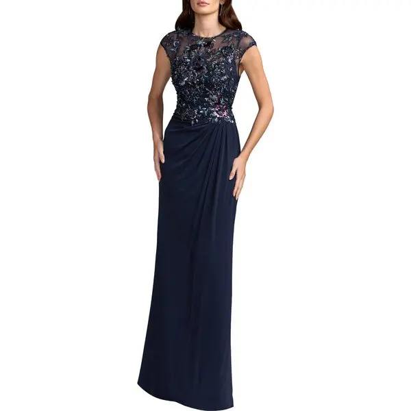 Mac Duggal Embroidered Cap Sleeve Jersey Gown