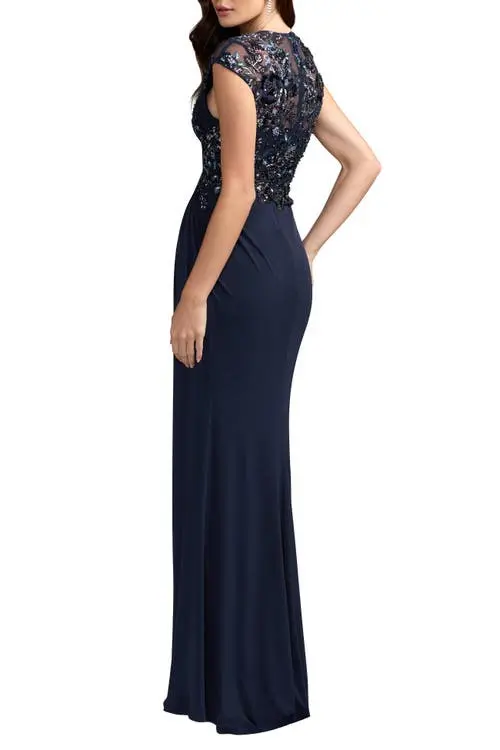 Mac Duggal Embroidered Cap Sleeve Jersey Gown