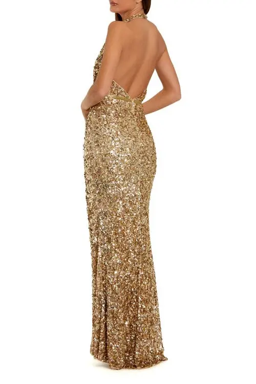 Mac Duggal Sequined Halter Strap Thigh High Slit Gown