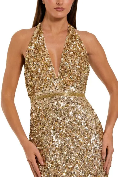 Mac Duggal Sequined Halter Strap Thigh High Slit Gown