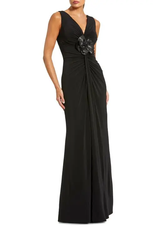 Mac Duggal Sleeveless Jersey Gown With 3d Floral Detail