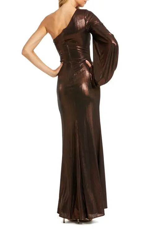 Mac Duggal One Shoulder Long Sleeve Metallic Gown