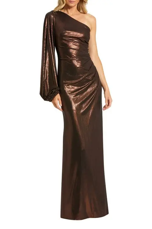 Mac Duggal One Shoulder Long Sleeve Metallic Gown