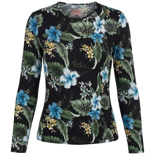 24/7 Ladies' Floral Print Long Sleeve Tee - Black