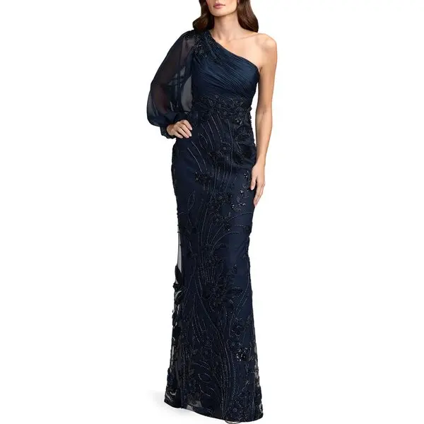Mac Duggal Floral Embroidered Jersey Long Sleeve Gown - Navy