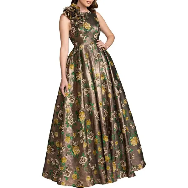Mac Duggal Sleeveless Brocade Ballgown With 3d Flower - Gold