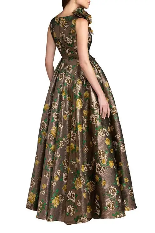 Mac Duggal Sleeveless Brocade Ballgown With 3d Flower