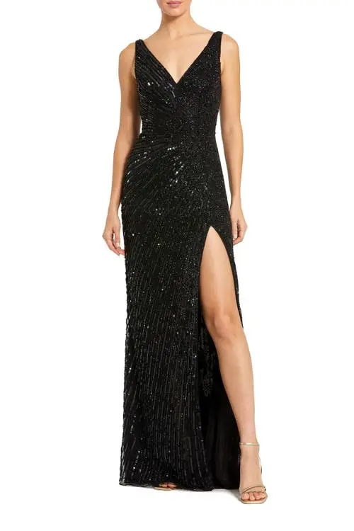 Mac Duggal Beaded Floral High Slit Sleeveless Gown - Black