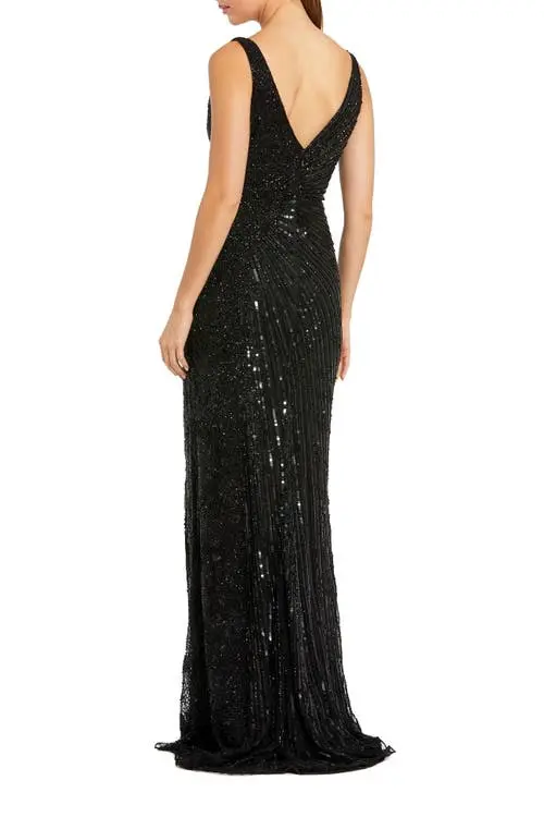 Mac Duggal Beaded Floral High Slit Sleeveless Gown - Black