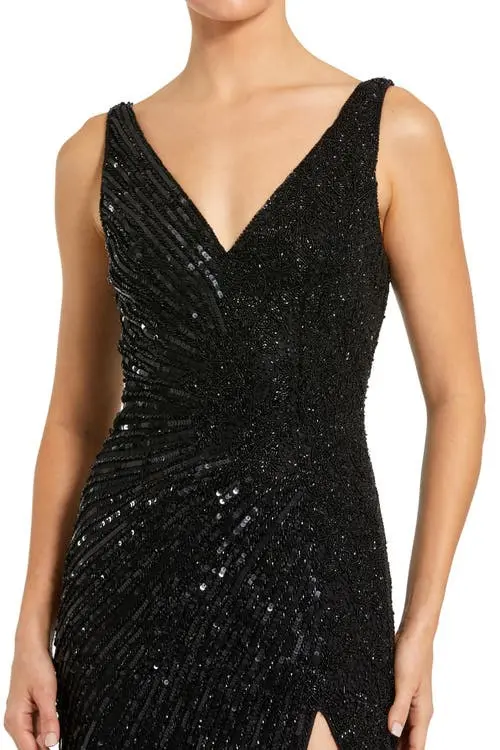 Mac Duggal Beaded Floral High Slit Sleeveless Gown - Black