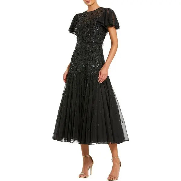 Mac Duggal Flutter Sleeve Sheer Top Beaded Dress - Black