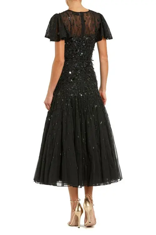 Mac Duggal Flutter Sleeve Sheer Top Beaded Dress