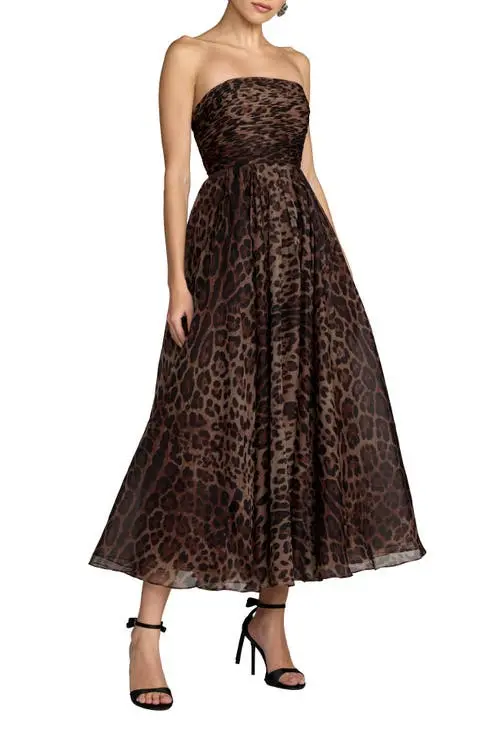 Mac Duggal Strapless A-line Chiffon Midi Dress - Leopard