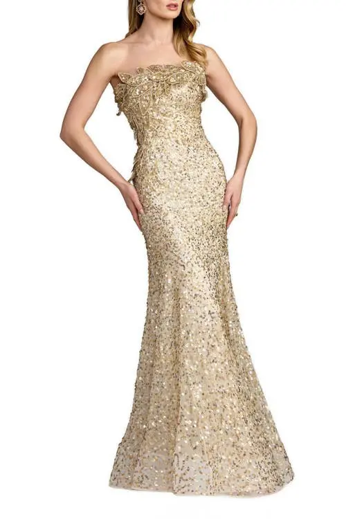 Mac Duggal Srapless Beaded Mesh Trumpet 3d Floral Gown - Gold