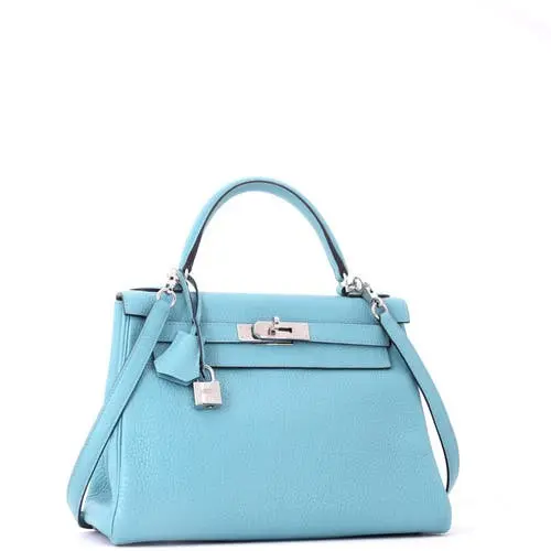 Hermès Kelly Handbag Clemence With Palladium Hardware 28 - Blue