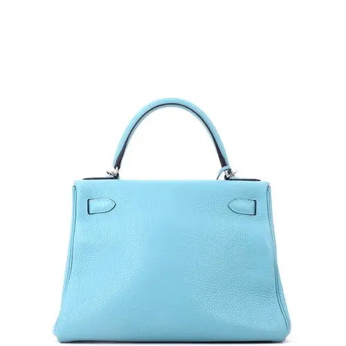 Hermès Kelly Handbag Clemence With Palladium Hardware 28 - Blue