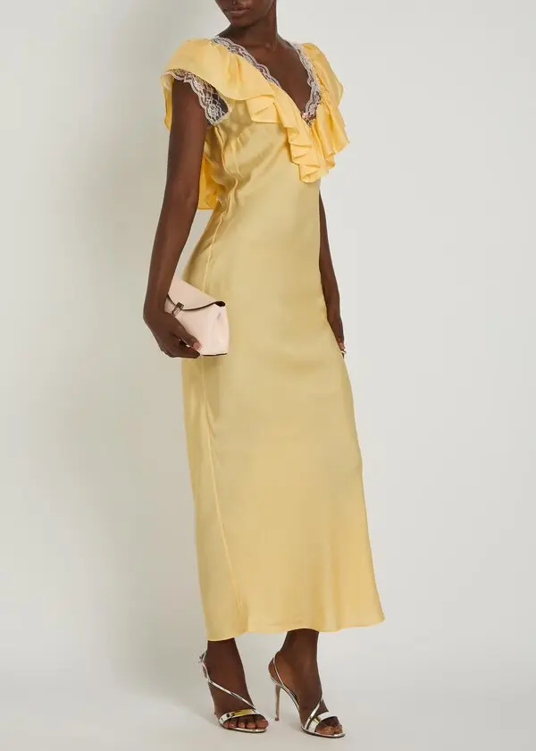 Ronny Kobo Gracie Silk-blend Maxi Dress With Lace Trim - Yellow