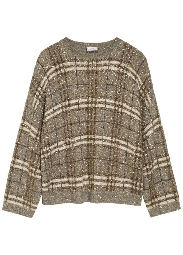 Brunello Cucinelli Checked Embellished Knit Jumper