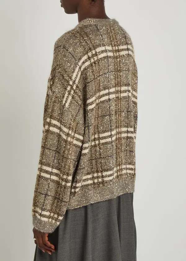 Brunello Cucinelli Checked Embellished Knit Jumper