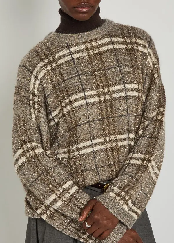 Brunello Cucinelli Checked Embellished Knit Jumper