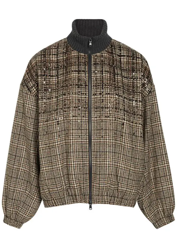 Brunello Cucinelli Padded Houndstooth Alpaca-blend Bomber Jacket - Beige