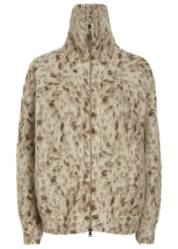 Brunello Cucinelli Lynx-jacquard Brushed Mohair-blend Cardigan - Beige