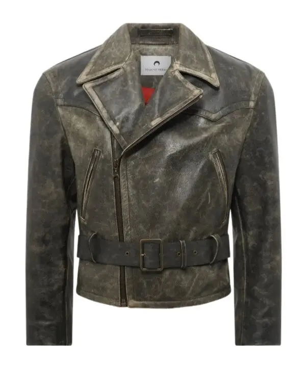 MARINE SERRE Moon Belted Leather Biker Jacket - Black