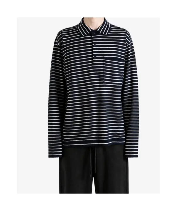 THE ELDER STATESMAN Superlight Striped Long-sleeve Polo Shirt - Nero Navy/canvas