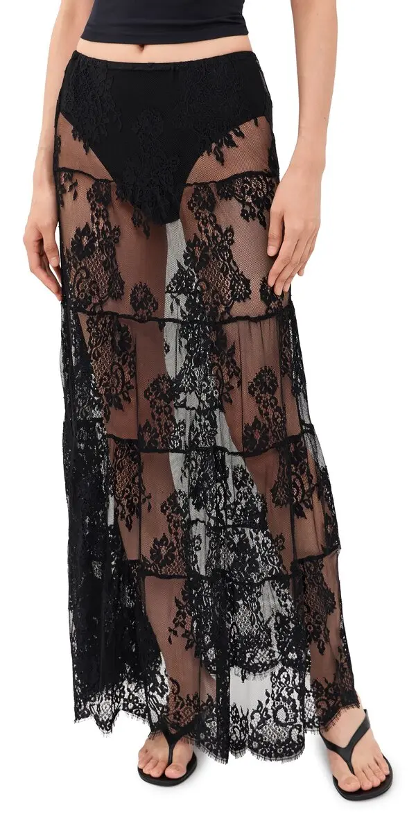 RUNAWAY THE LABEL Enola Tiered Lace Maxi Skirt - Black